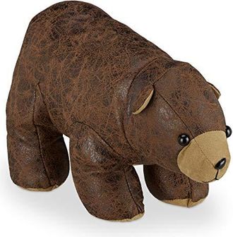 Relaxdays Türstopper Bär, Stoff, Kunstleder, für Boden, innen, schwer, Deko Türsack Tier, HxBxT 17 x 16 x 32 cm, braun