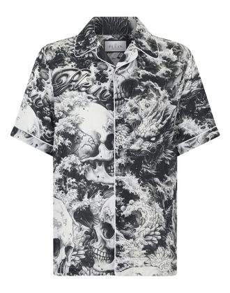 Philipp Plein Linen Bowling Shirt All-Over Ceramic