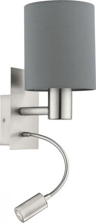 Eglo Wandlampe Bett Pasteri, Textil Wandleuchte Schlafzimmer mit LED Leseleuchte, Leselampe Wandmontage aus Metall in Silber und Stoff in Grau, E27 Fassung