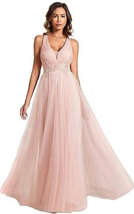 Ever-pretty Robe de Soirée A Line Col V sans Manche Robe de Demoiselle dhonneur Rose 42