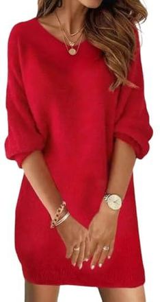 Minetom Femme Col V Robe Pull Dentelle Ample en Maille Long Pullover Tricot Robe De No&euml;l &Agrave; Manche Longue Robe De Soir&eacute;e A1 Rouge S