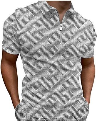 Generic Lot de 5 polos &agrave; manches courtes en jacquard pour homme Printemps et &eacute;t&eacute; 2025 Couleur unie Imprim&eacute; g&eacute;om&eacute;trique Revers Fermeture &eacute;clair, gris, XL