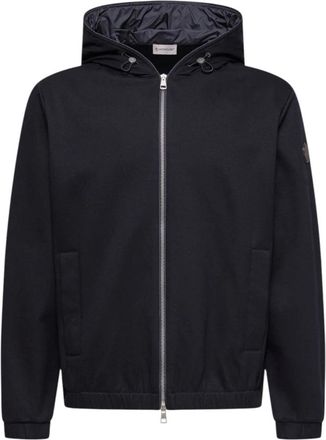 Moncler Homme, Vestes, Bleu, Taille: M Sweat &agrave; capuche zipp&eacute; avec logo en cuir