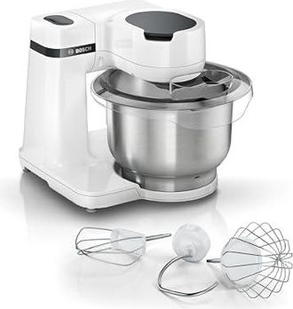 Bosch K&uuml;chenmaschine Serie 2, kleine K&uuml;chenmaschine, Edelstahl-Sch&uuml;ssel 3,8 L, Knethaken, Schlag-, R&uuml;hrbesen sp&uuml;lmaschinenfest, 4 Arbeitsstufen, 700W, wei&szlig;,