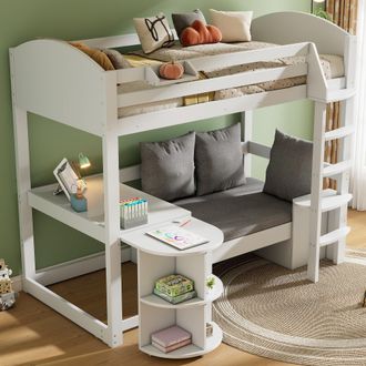 Myboo Kinderbet Etagenbett 90x200, Hochbett mit ausziehbarem Tisch, Lagerregale, Sofa mit Stauraum&3 Kissen&Polster, multifunktionales Hausbett mit Lattenro