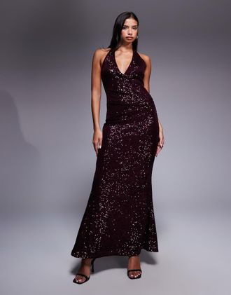 Asos Robe longue avec d&eacute;collet&eacute; plongeant et sequins sur lensemble - Bordeaux-Rouge