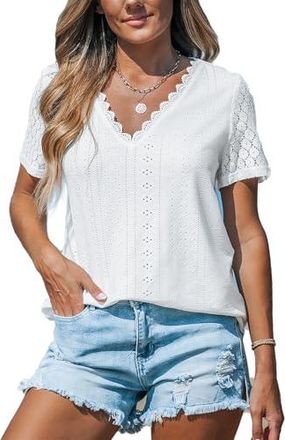 Cupshe Haut à oeillets en dentelle pour femme - Manches courtes - Col en V - Dentelle - Haut dété aéré pour femme, Blanc., M