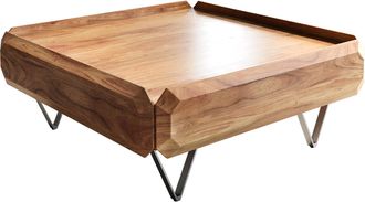 DELIFE Wohnzimmertisch Kiano Akazie Natur 90x90 cm 2 Schübe V-Fuß Edelstahl
