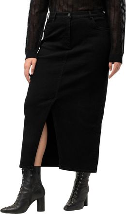 Ulla Popken Damen gro&szlig;e Gr&ouml;&szlig;en &Uuml;bergr&ouml;&szlig;en Plus Size Jeans-Midirock, Saumschlitz, Komfortbund Black 56 825156133-56