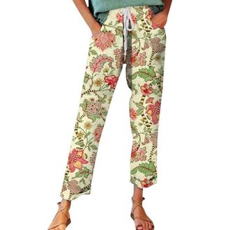 Generic Pantalon Femme Fluide en Lin Large Elegant Pantalon Court en Lin pour Femme Grande Taille Taille Haute Jambe Large Longueur Cheville Ray&eacute; pour La Plag