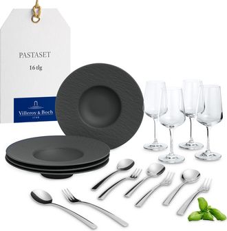 Villeroy & Boch Manufacture Geschirr-Set 12 teilig f&uuml;r 4 Personen Schwarz, Sp&uuml;lmaschinenfest, Tafelservice Set, Geschirrset Modern mit Pastatellern, Weingl&auml;sern und P