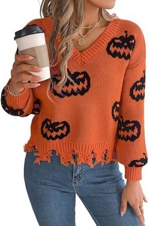 Generic Pull dHalloween pour femme | Pull tricot&eacute; &agrave; col en V d&eacute;chir&eacute; - Haut court tendance &agrave; porter au quotidien, Orange, S