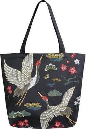 Mnsruu Grand sac fourre-tout en toile r&eacute;utilisable avec motif grue japonaise et fleurs rouges, A1814, 34.5x13x40cm
