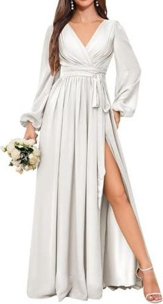 Generic Robe de demoiselle dhonneur en mousseline de soie à manches longues avec fente plissée corset pour femme, ivoire, 46