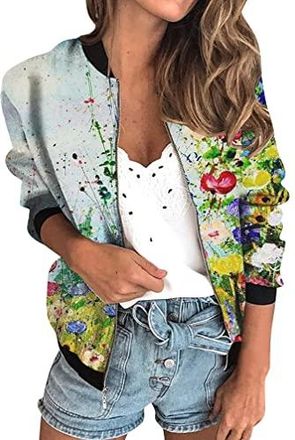 Minetom Veste Femme Motard Blouson Printemps Été Léger Bomber Blouson Outwear Zippé Imprimé Floral Court Jacket C Multicolore L