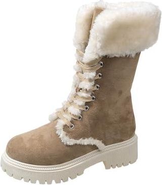 Generic Bottes de neige chaudes pour femme - &Eacute;l&eacute;gantes doublure en fausse fourrure - Antid&eacute;rapantes - Confortables - &Agrave; lacets - Bottines mi-mollet - Bottes de