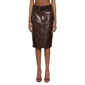 Saint Laurent Belted Pencil Skirt in Creased Leather