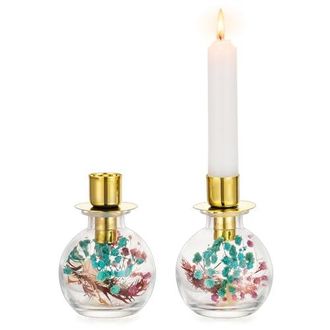 Nuptio Bougeoirs &agrave; tige : 2 bougeoirs dor&eacute;s avec fleurs s&eacute;ch&eacute;es D&eacute;coration boh&egrave;me Cadeaux de No&euml;l pour femmes D&eacute;coration de table &agrave; manger Printemps