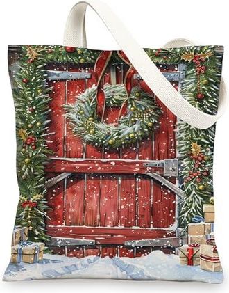 Generic Sacs fourre-tout en toile de vacances, motif couronne de porte festive, sacs à provisions réutilisables, toile légère et respectueuse de lenvironnemen