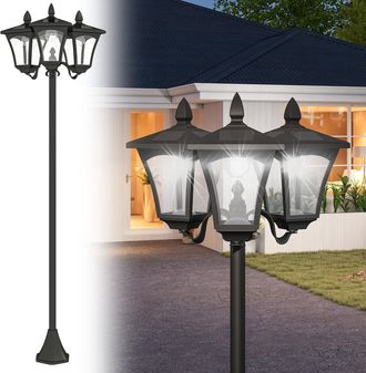 OUTSUNNY Solar Gartenlaterne mit 3 flammig Laterne Mast aus Edelstahl Solarlaterne mit LED 120 Lumen 51,5x47x182,5cm Wegeleuchte IP44 für Garten Balkon Schwarz