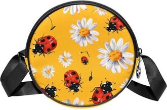 Generic Sac &agrave; bandouli&egrave;re rond pour femme, motif coccinelles, fleurs, petit sac &agrave; bandouli&egrave;re avec fermeture &eacute;clair, bretelles r&eacute;glables, sac &agrave; main rond d&eacute;co