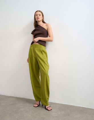 Topshop Barrel-Leg-Hose in Gr&uuml;n aus Leinen