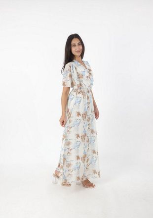 Elara Maxikleid - Damen Sommerkleid mit Blumenmuster, V-Ausschnitt und Volant&auml;rmeln