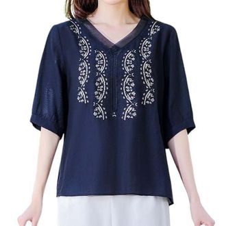 Generic T-shirt en lin brod&eacute; pour femme - Coupe ample - Manches courtes - Haut l&eacute;ger - Grande taille, Marine, 3XL