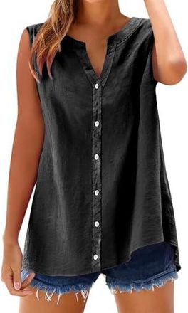 Generic D&eacute;bardeur d&eacute;contract&eacute; sans manches en coton et lin avec col en V pour femme, Noir 2, XL