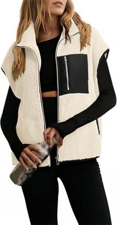 Generic Veste polaire sans manches pour femme avec fermeture &eacute;clair et col montant en fausse peau de mouton, ecru, L