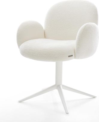 DELIFE Drehstuhl Nube-Flex mit Armlehnen Boucl&eacute; Soft Beige Fu&szlig;kreuz Wei&szlig; 360&deg; drehbar Wippfunktion Taschenfederkern, Esszimmerst&uuml;hle