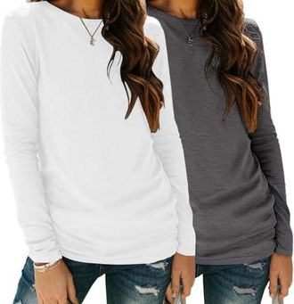Zeagoo Hauts à Manches Longues pour Femmes T Shirt Basiques à Col Rond T-Shirts Tunique Décontractés Lot de 2 Automne Blanc + Gris M