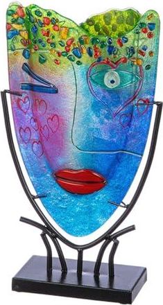 GILDE GLAS art Deko Vase Gesichtsvase - handbemalte Glasvase mit Metall Ständer - Dekoration Wohnzimmer Höhe 38,5 cm mehfarbig