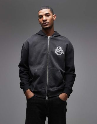 AllSaints Terra - Sweat &agrave; capuche zipp&eacute; avec logo graphique - Noir d&eacute;lav&eacute;