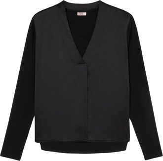 Oltre Femme, Blouses et Chemises, Noir, Taille: 42 FR T-shirt bicolore &agrave; col en V