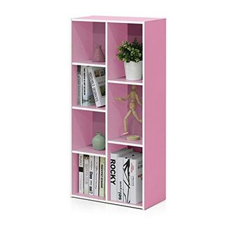 Furinno Luder Bibliothèque Etagère de Rangement Ouverte à 7 Cubes, Blanc/Rose