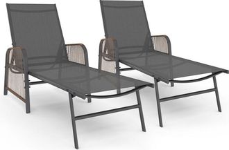 IDMarket Lot de 2 transats de jardin inclinables RIO en acier gris anthracite, cordage effet rotin avec accoudoirs et toile grise