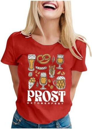 Generic 2026 T-shirt graphique Oktoberfest décontracté à manches courtes pour femme, Rouge, XXL