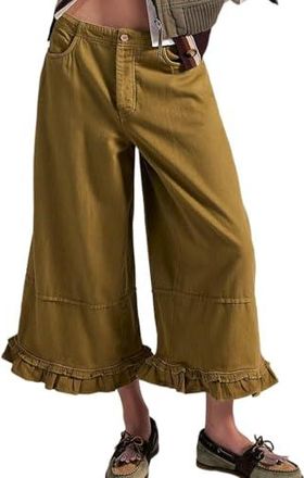 Generic Jean large &agrave; taille &eacute;lastique &agrave; volants pour femme - Pantalon baggy d&eacute;contract&eacute; avec poches - Pantalon large pour femme, Vert, XL