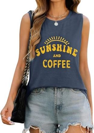 Heekpek Debardeur Femme Tank Top Imprim&eacute; &agrave; Col Rond Tee Shirt Femme sans Manche D&eacute;contract&eacute; Haut Ete Chic, Bleu Marine Coffee, XL