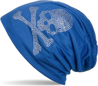 styleBREAKER Klassische Beanie M&uuml;tze mit Totenkopf Strass Applikation, Unisex 04024034, Farbe:Royalblau, Materialart:leicht