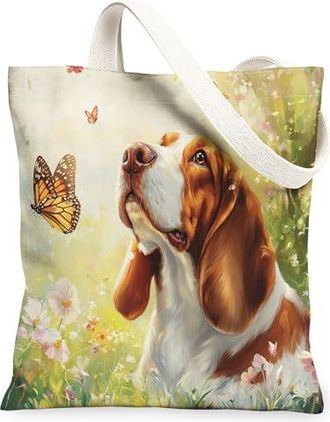 Generic Sac fourre-tout en toile motif basset chien de printemps 33 x 38,1 cm, motif papillon amusant r&eacute;utilisable pour femme, animal de compagnie, cadeau de 