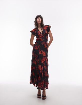 Topshop Robe longue et habillée avec motif petites fleurs et laçage au dos - Noir