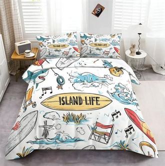 Generic Housse de Couette 200 x 200 cm Planche de Surf Vagues et Requin Parure de Lit Microfibre Housse de Couette Bleu 3D Imprimé Literie Set 3 Pièces avec F
