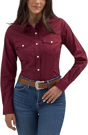 Wrangler Chemise Western r&eacute;tro &agrave; Manches Longues pour Femme Bleu uni, Bordeaux, Taille S