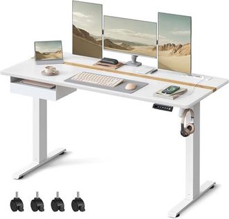 Vasagle H&ouml;henverstellbarer Schreibtisch elektrisch, 140 x 60 cm Tischoberfl&auml;che, Memory-Funktion mit 4 H&ouml;hen, mit Steckdosen und Stoffschubla, wolkenwei&szlig;-goli