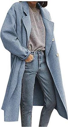 Generic 2026 Vestes pour femmes Mode Femmes Solide Trench Coat Coupe-vent Veste Double Boutonnage, bleu, S
