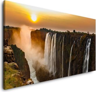 Paul Sinus Art Wasserfall mit Sonnenuntergang 120x 60cm Panorama Leinwand Bild XXL Format Wandbilder Wohnzimmer Wohnung Deko Kunstdrucke