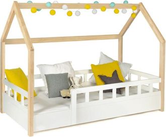 IDMarket Kinderbett Baumhaus 80 x 160 cm neree wei&szlig; und Buche mit Lattenrost und Gitter