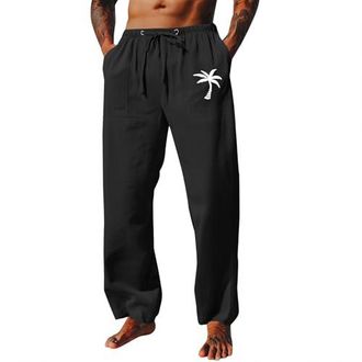 Generic Pantalon de plage en lin pour homme - Imprim&eacute; cocotier - Coupe ample - Pantalon hawa&iuml;en - Jambe droite - Pantalon de vacances - Taille &eacute;lastique - Pan